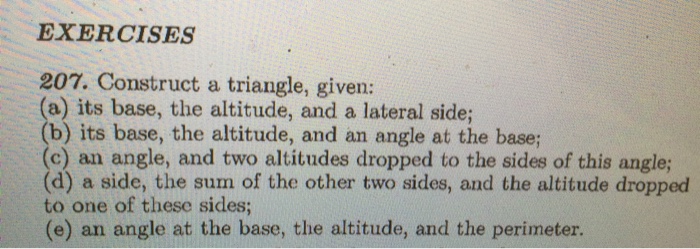 Solved Construct a triangle, given: its base, the altitude, | Chegg.com