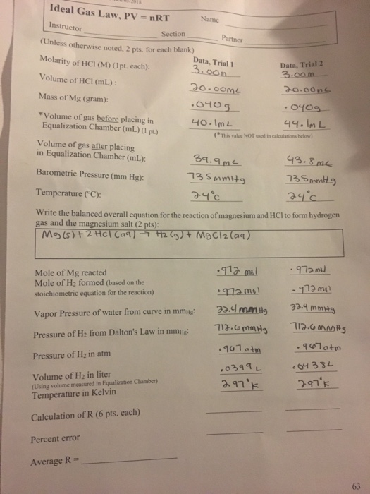 Solved Ideal Gas Law, PV = nRT Name Instructor Section | Chegg.com
