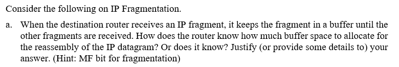 Solved Consider the following on IP Fragmentation. a. When | Chegg.com