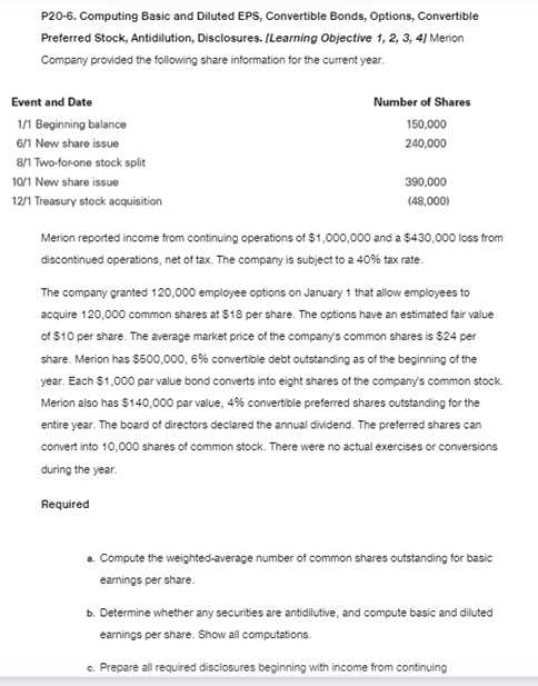 Solved P20-6. Computing Basic and Diluted EPS, Convertible | Chegg.com