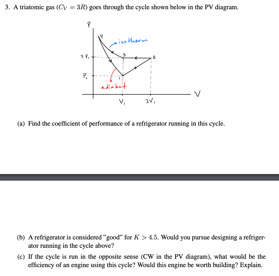 3. A triatomic gas (Cv = 3R) goes through the cycle | Chegg.com