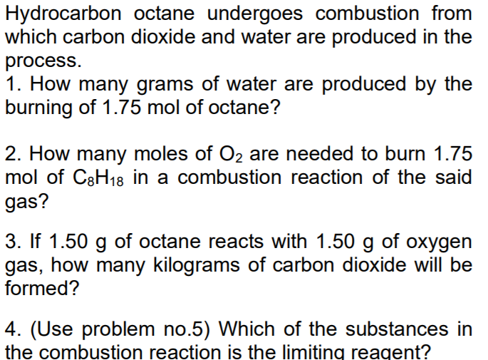 Solved Hydrocarbon octane undergoes combustion from which | Chegg.com Solved Hydrocarbon octane undergoes combustion from which | Chegg.com