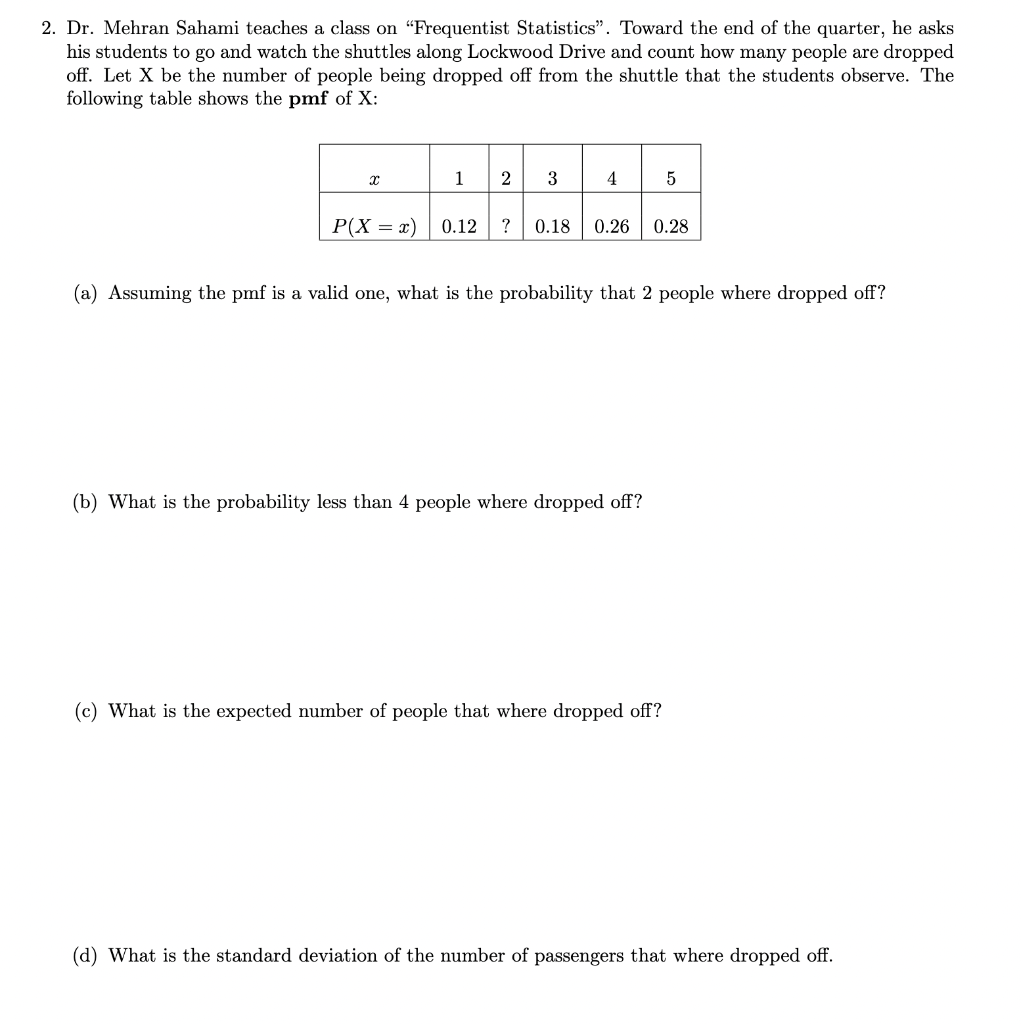 Solved 2. Dr. Mehran Sahami teaches a class on "Frequentist | Chegg.com