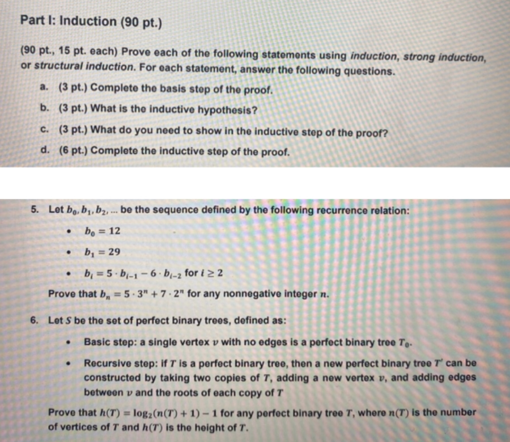 Solved Part I: Induction (90 pt.) (90 pt., 15 pt. each) | Chegg.com