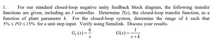 Solved For our standard closed-loop negative unity feedback | Chegg.com
