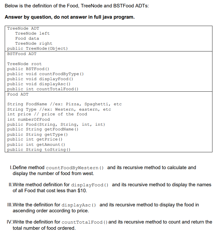 Solved Below is the definition of the Food, TreeNode and | Chegg.com
