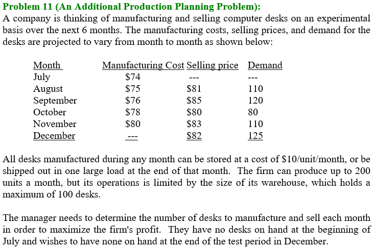 Solved Problem 11 (An Additional Production Planning | Chegg.com