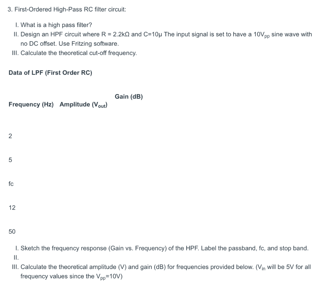 Solved 3. First-Ordered High-Pass RC filter circuit: I. What | Chegg.com