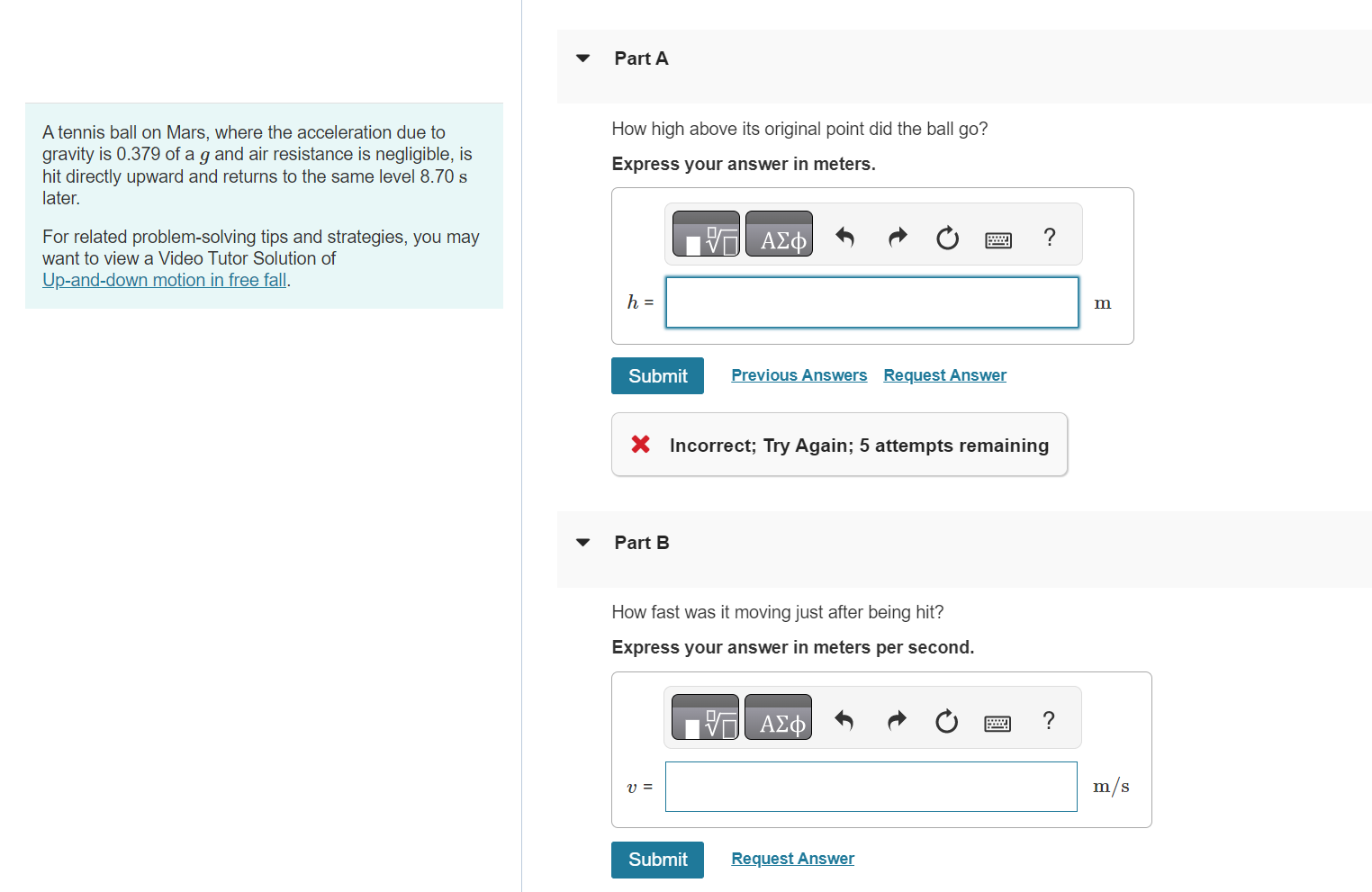 Solved A tennis ball on Mars, where the acceleration due to | Chegg.com