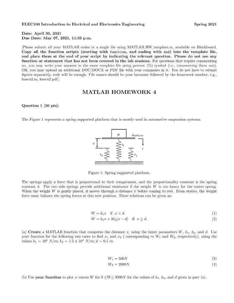 Solved HW Q1 MATLAB The Figure 1 represents a spring | Chegg.com