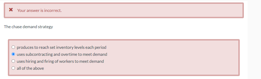 Solved X Your answer is incorrect. The chase demand strategy | Chegg.com