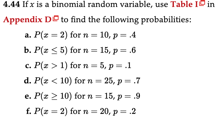 Solved If x is a binomial random variable, use Table I in | Chegg.com