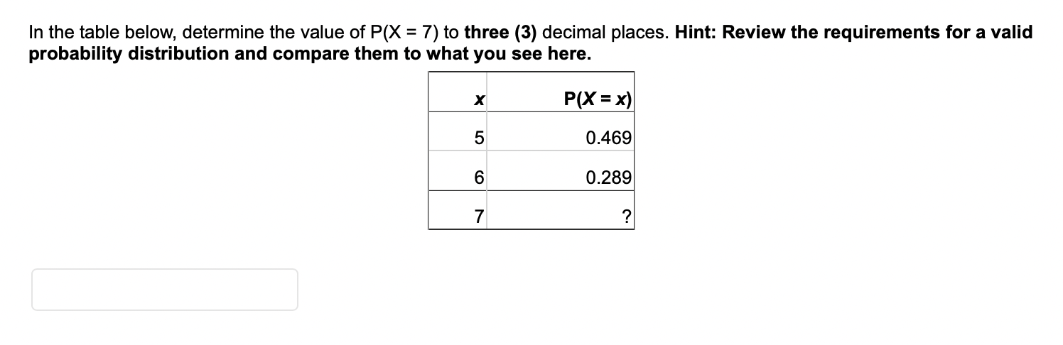 Solved In the table below, determine the value of P(X=7) to | Chegg.com