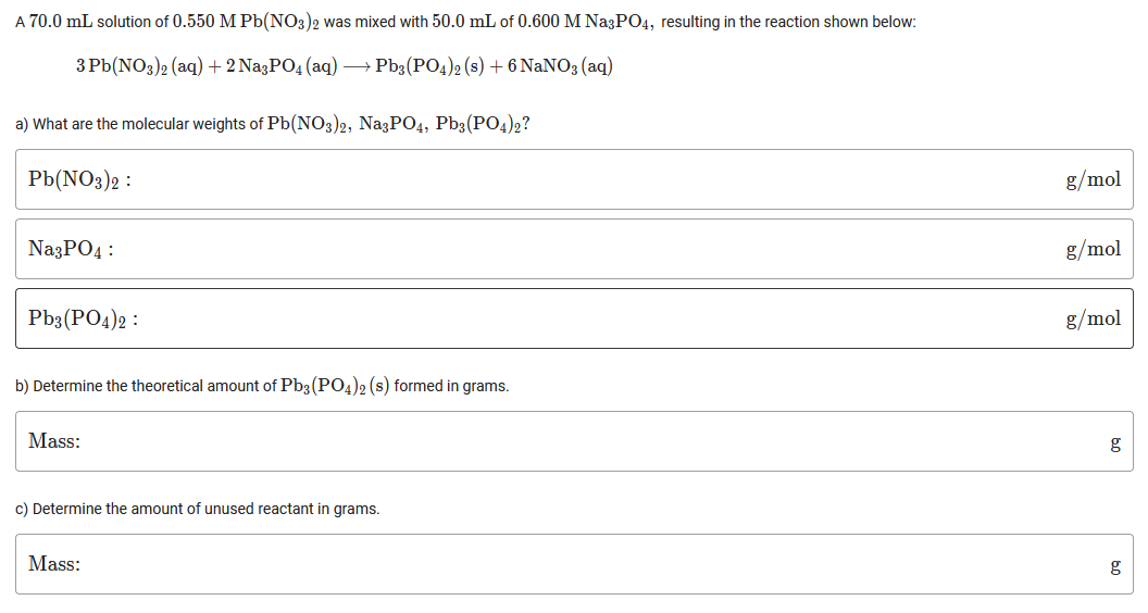 Solved A 70.0 mL solution of 0.550 M Pb(NO3)2 was mixed with | Chegg.com