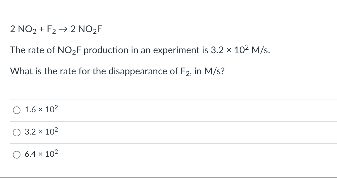 Solved 2 NO2 + F2 → 2 NO2F The rate of NO2F production in an | Chegg.com