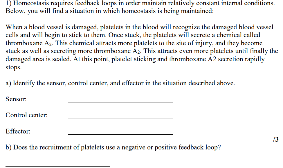 Solved 1) Homeostasis requires feedback loops in order | Chegg.com