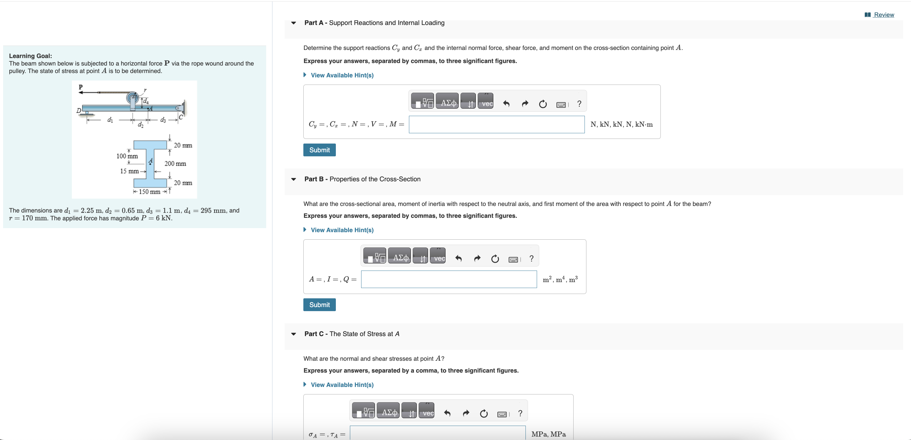 Solved Part A - ﻿Support Reactions and Internal | Chegg.com