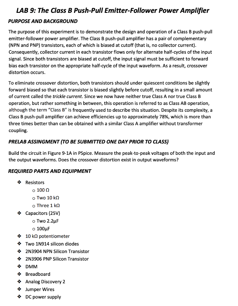 LAB 9: The Class B Push-Pull Emitter-Follower Power | Chegg.com