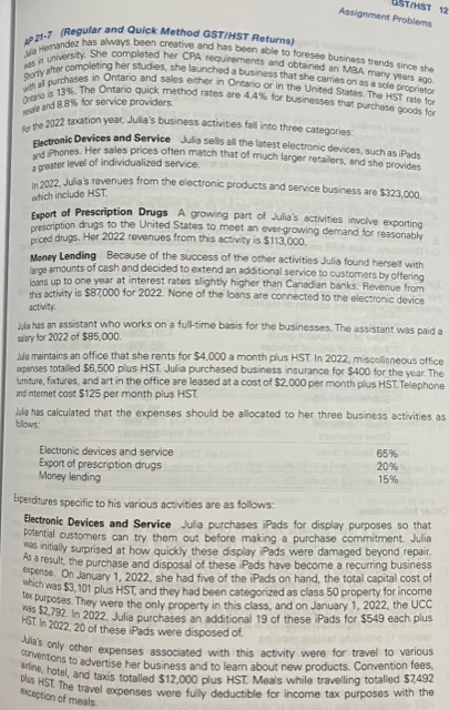 Solved 20.7 (Regular and Quick Method OST/HST Returns) ya | Chegg.com