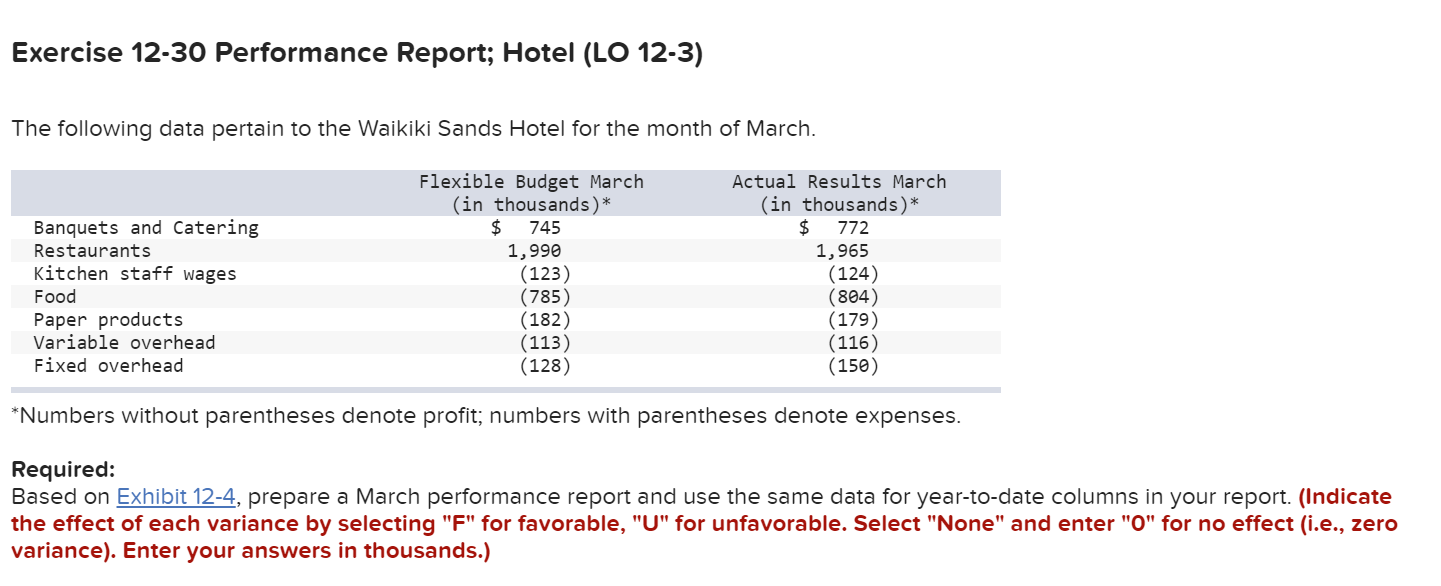 Solved Exercise 12-30 Performance Report; Hotel (LO 12-3) | Chegg.com