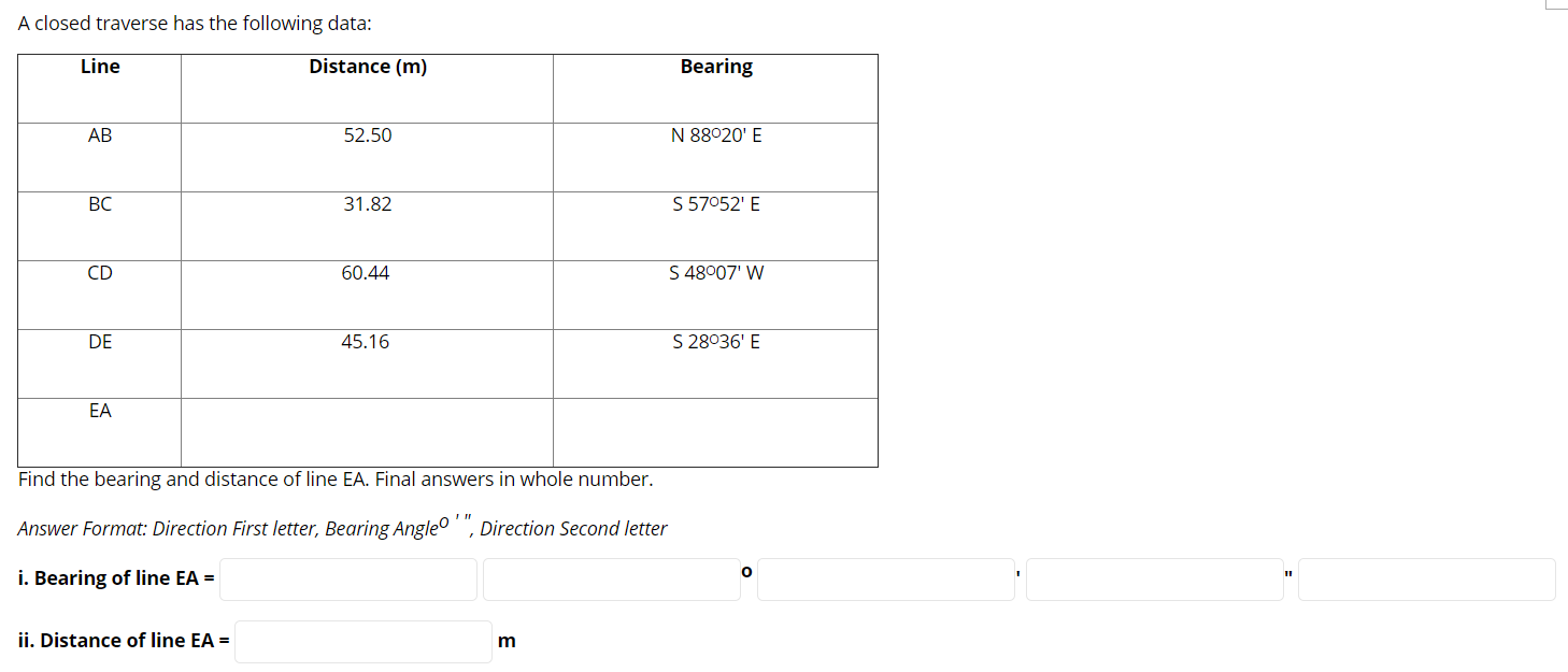 Solved A closed traverse has the following data: Line | Chegg.com