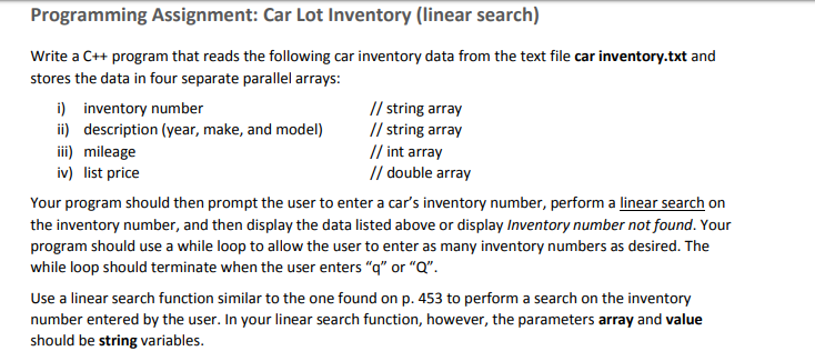 Solved Programming Assignment: Car Lot Inventory (linear | Chegg.com