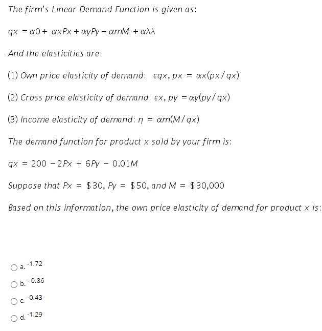 Solved The firm's Linear Demand Function is given as: qx = | Chegg.com