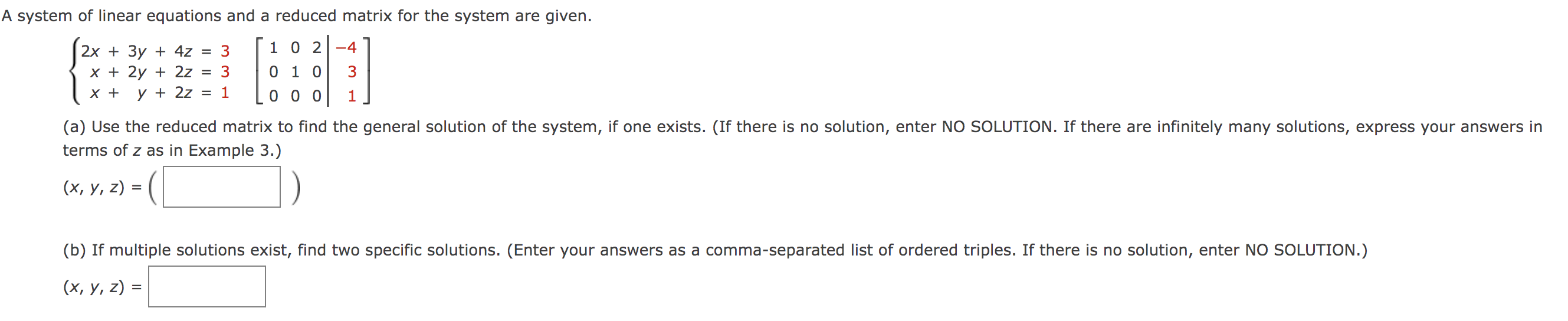 Solved A system of linear equations and a reduced matrix for | Chegg.com