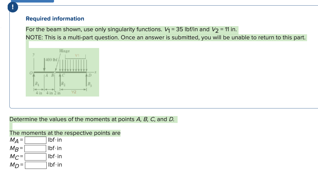 Solved For the beam shown, use only singularity functions. | Chegg.com