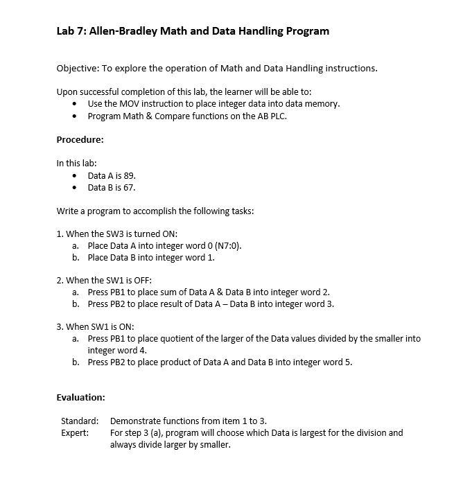 Lab 7: Allen-Bradley Math and Data Handling Program | Chegg.com
