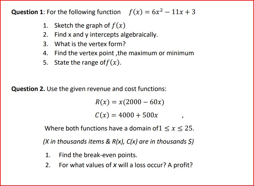 Solved Question 1: For the following function f(x)=6x2−11x+3 | Chegg.com