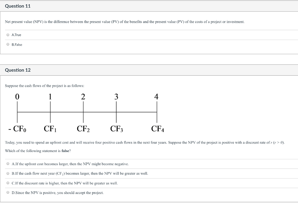 Solved Question 11 Net present value (NPV) is the difference | Chegg.com