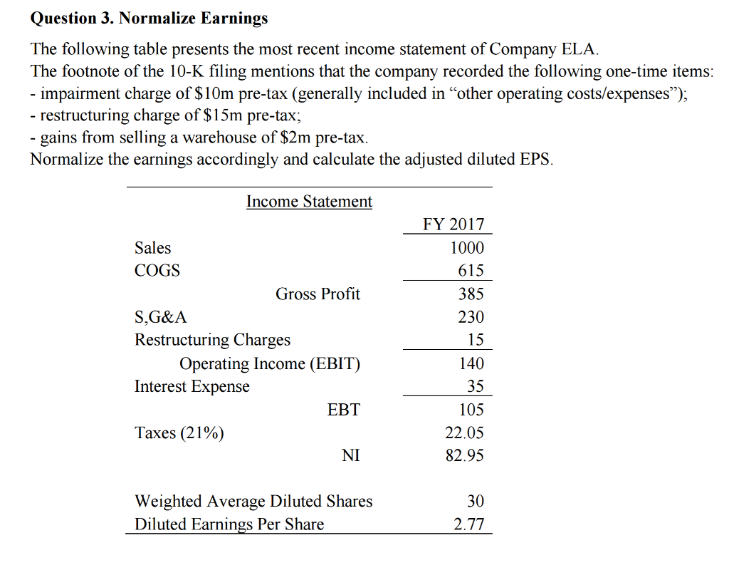 Solved uestion 3. Normalize Earnings The following table | Chegg.com