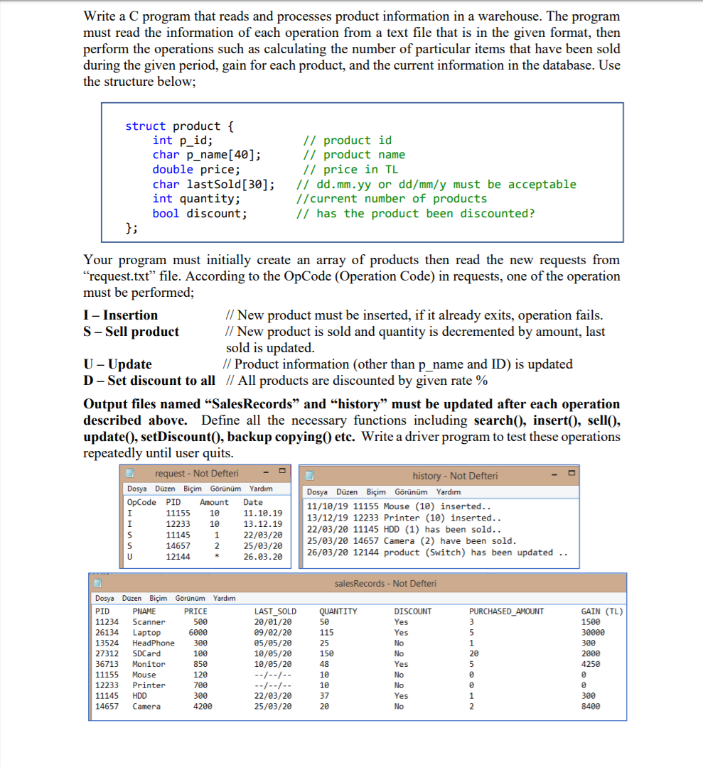 Write a C program that reads and processes product | Chegg.com