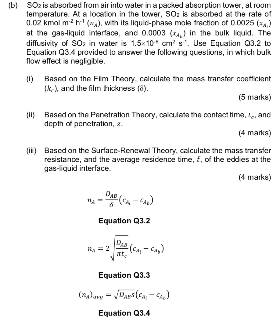 Solved (b) ) SO2 is absorbed from air into water in a packed | Chegg.com