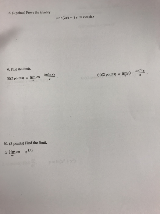 Solved 8. (3 points) Prove the identity. sinh(2x)2 sinh x | Chegg.com