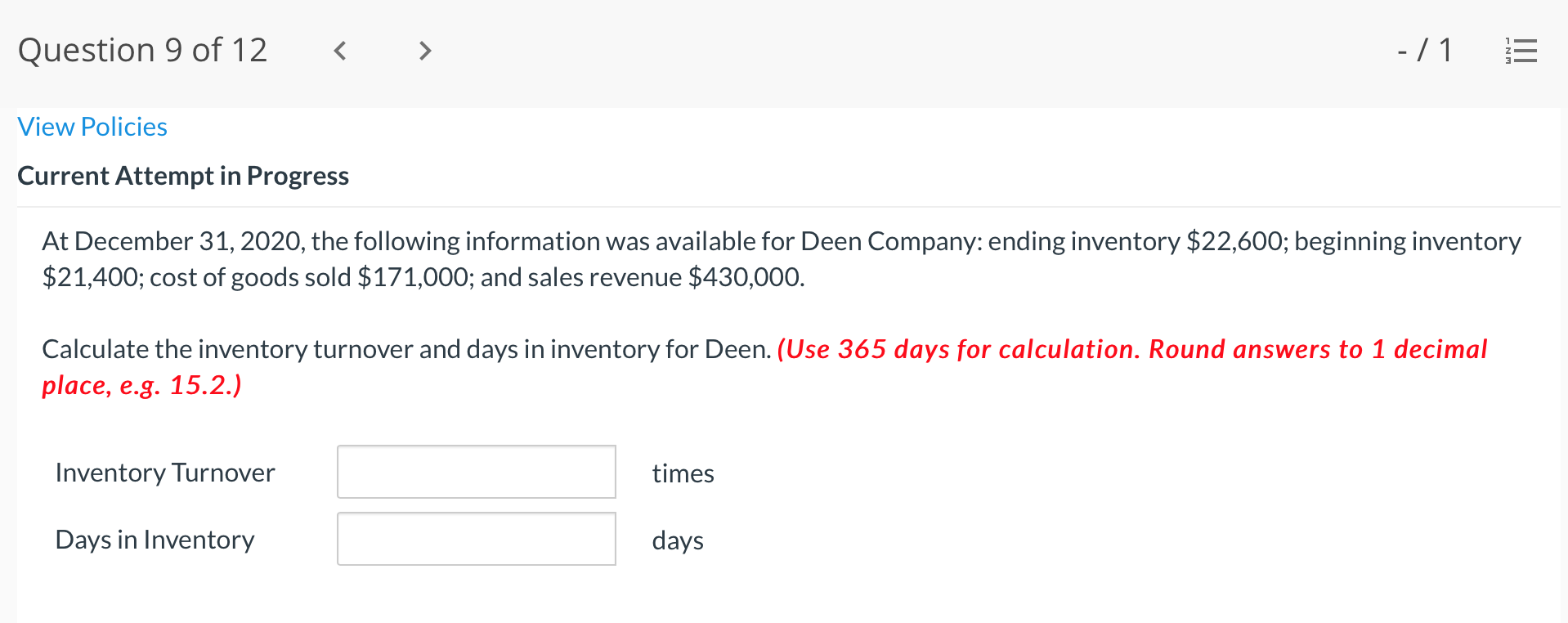 Solved Question 9 of 12 - / 1 View Policies Current | Chegg.com