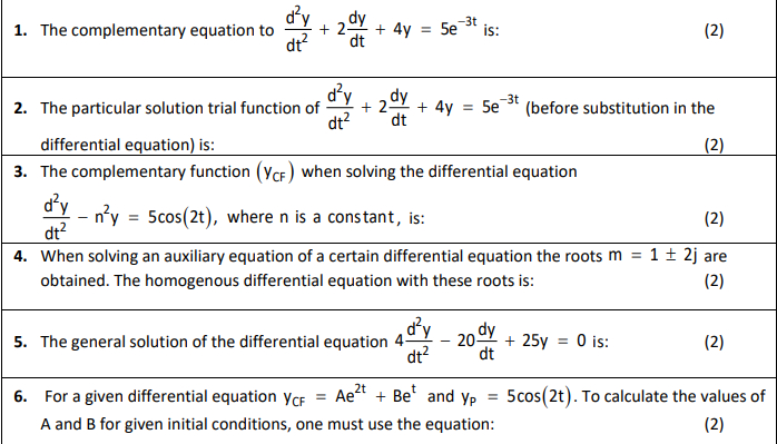 Solved d²y 1. The complementary equation to (2) dt² d²y 2. | Chegg.com