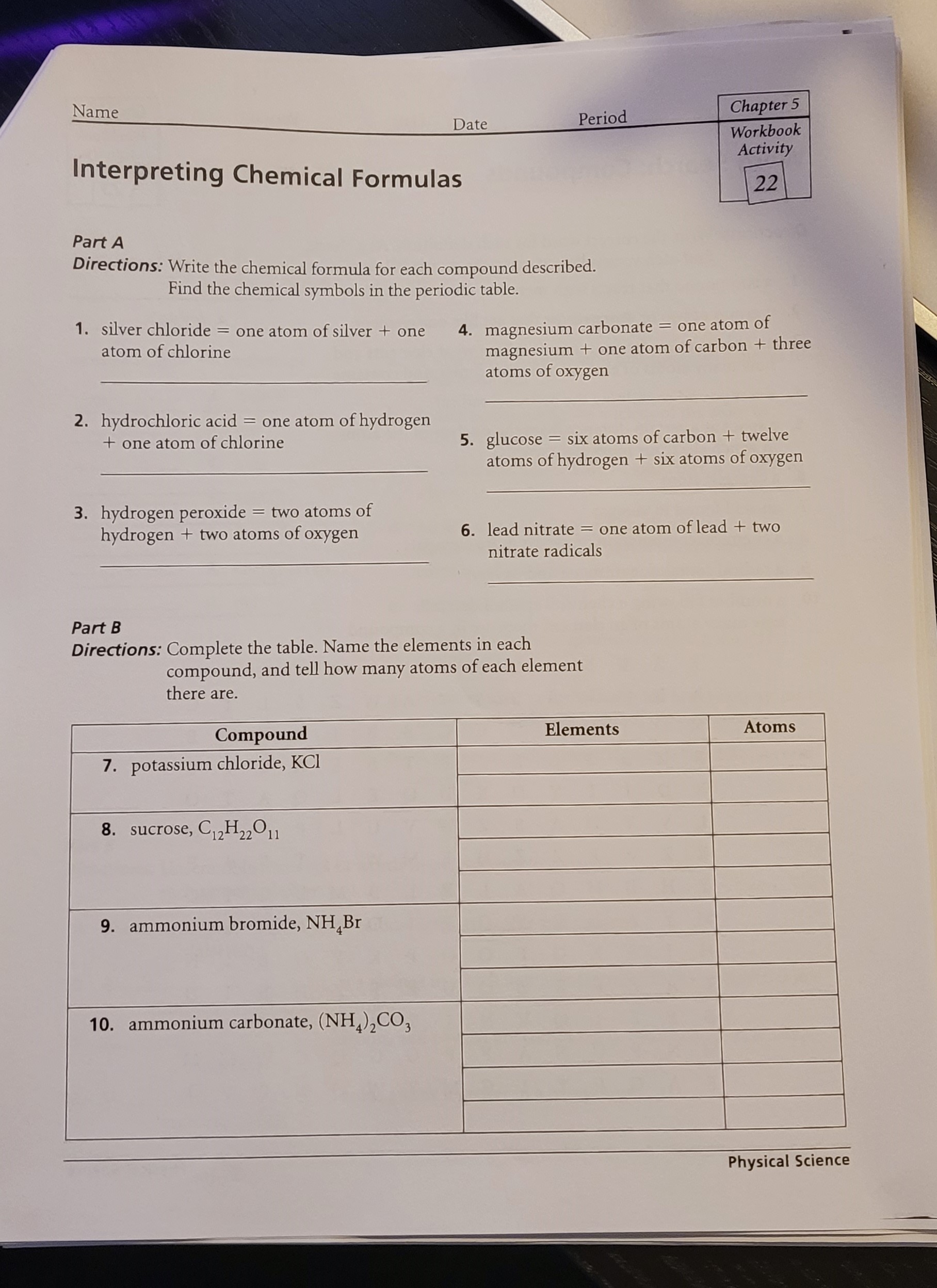 Solved Part A Directions: Write the chemical formula for | Chegg.com
