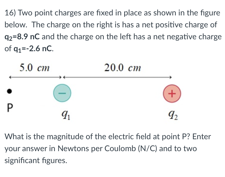 Solved 16) Two point charges are fixed in place as shown in | Chegg.com