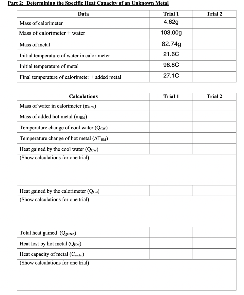 Solved Part 2: Determining the Specific Heat Capacity of an | Chegg.com Solved Part 2: Determining the Specific Heat Capacity of an | Chegg.com