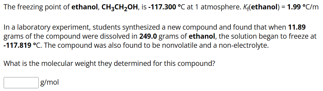 Solved The freezing point of ethanol, CH3CH2OH, is | Chegg.com