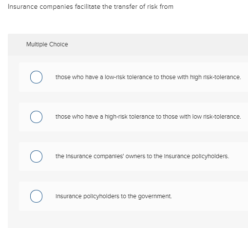 Solved Insurance companies facilitate the transfer of risk | Chegg.com