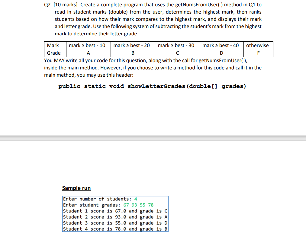 Solved Q1. (10 marks) Produce a method that reads in a set | Chegg.com