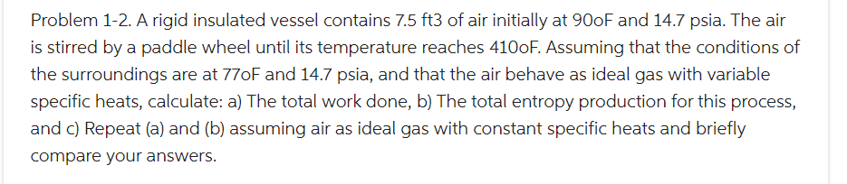 Solved Problem 1-2. A rigid insulated vessel contains 7.5ft3 | Chegg.com