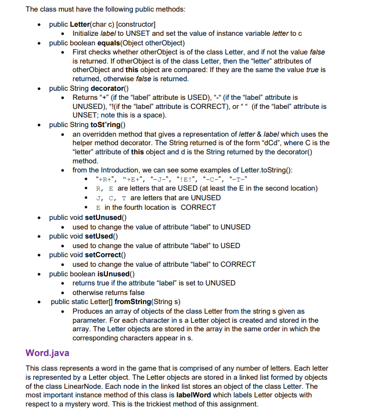 Solved I just want the JAVA code for Letter.java, Word.java, | Chegg.com