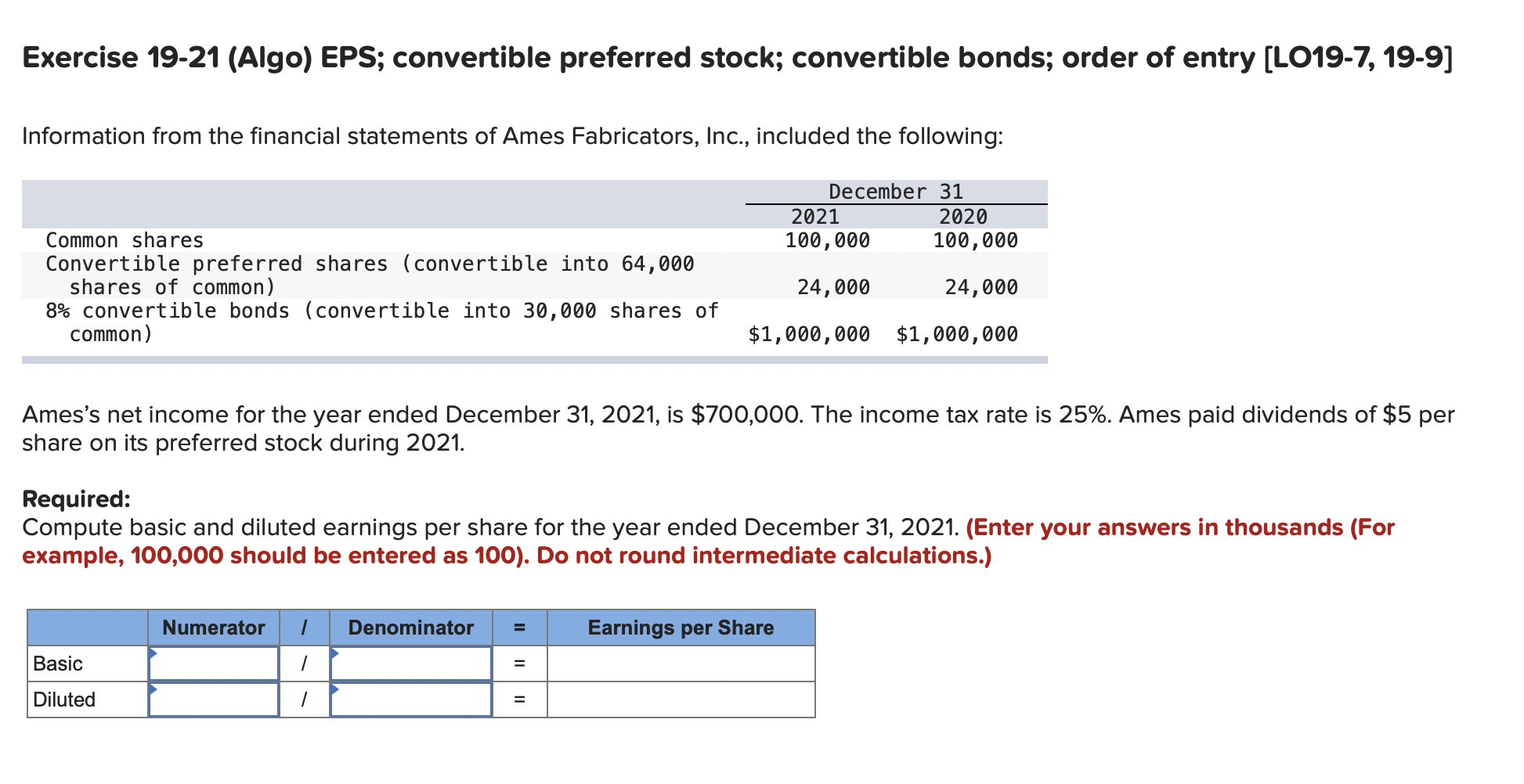 Solved Exercise 19-21 (Algo) EPS; convertible preferred | Chegg.com