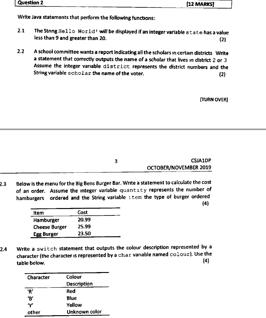 Solved Question 2 (12 MARKS) Write Java statements that | Chegg.com