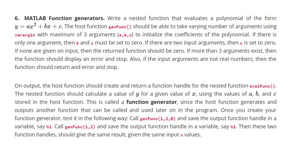 Solved 6 Matlab Function Generators Write A Nested 8271