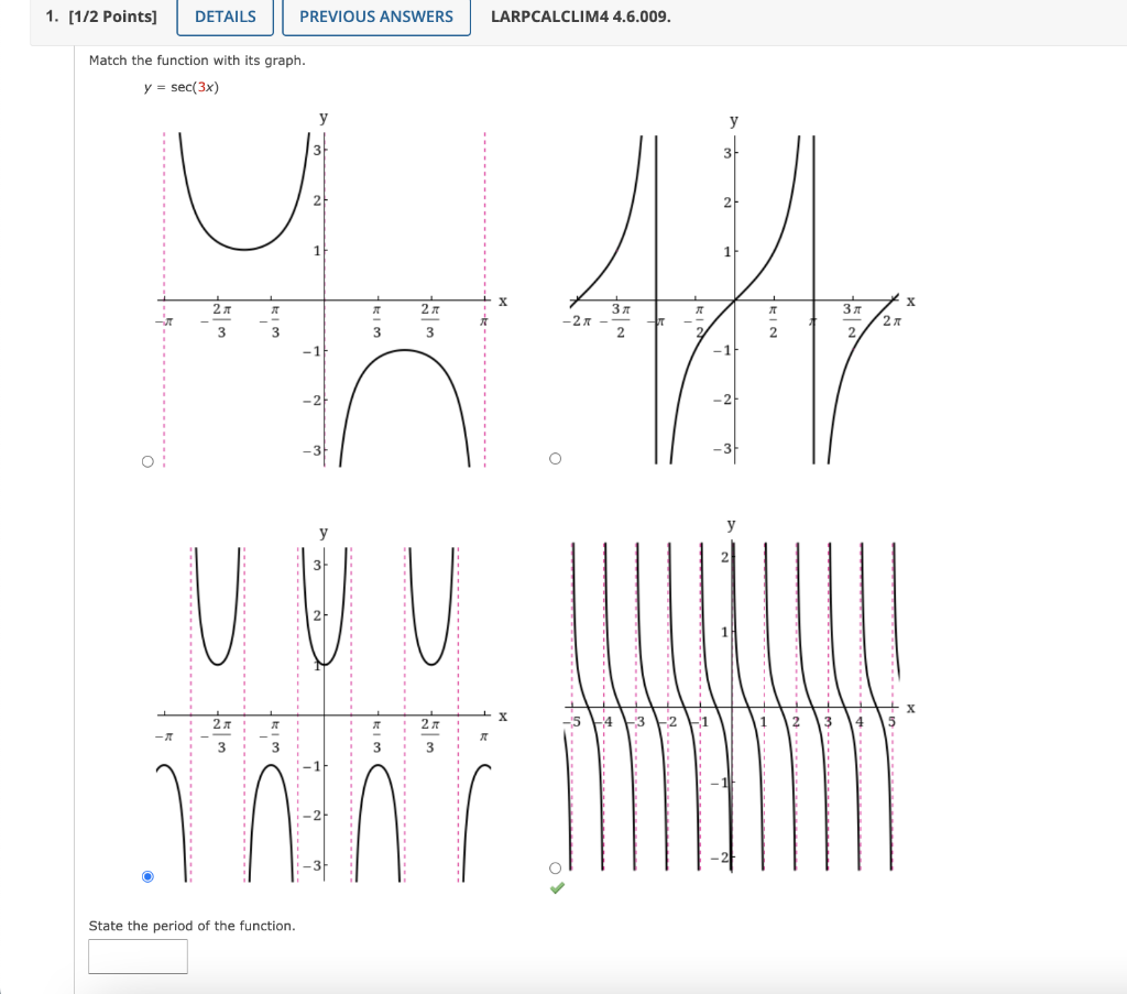 Solved Match the function with its graph. y=sec(3x) State | Chegg.com